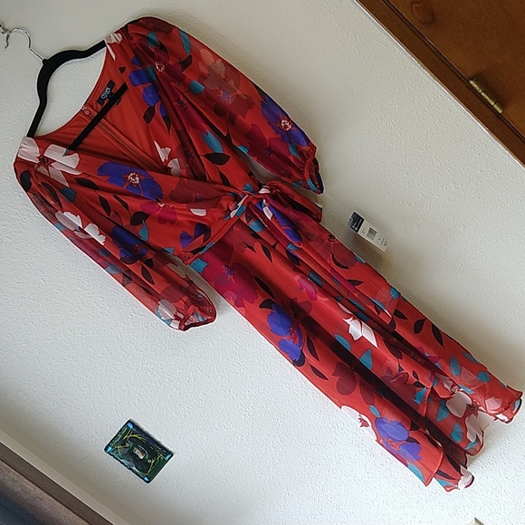 Chaps | Dresses | Chaps Red Floral Midi Wrap Sheer Balloon Sleeve Dress ...